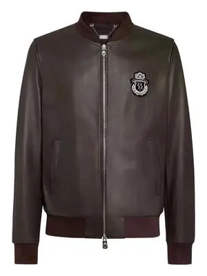 BILLIONAIRE Logo-patch Leather Bomber Jacket - Brown