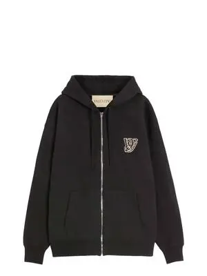 Valentino Garavani Cotton Hooded Sweatshirt With Vg Patch - Black