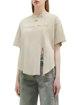 MUSIUM DIV. Cotton T-shirt With Front Slit - Neutrals