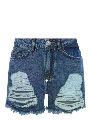 Philipp Plein Mid-rise Ripped Denim Shorts - Blue
