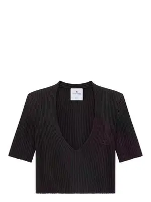 COURREGES Ribbed Knit V-neck Top - Brown