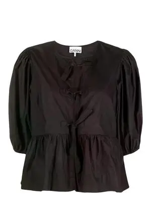 GANNI Puff-sleeved Peplum Blouse With Tie Detail - Black