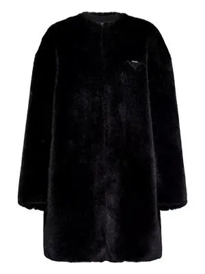 Prada Faux-fur Coat With Logo Detail - Black