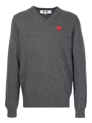 Play Comme Des Garcon V-neck Knitted Heart Jumper - Grey