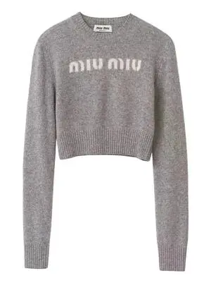 Miu Miu Wool And Cashmere Cropped Sweater With Intarsia Logo - Grey