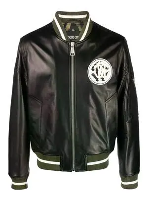 Roberto Cavalli Monogram-patch Leather Bomber Jacket - Black