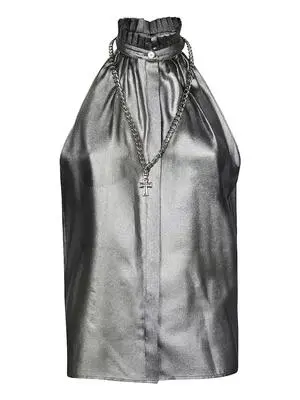 John Richmond Sleeveless Silk Blouse With Frilled Neckline - Silver