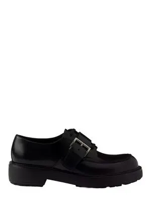 Prada Brushed Leather Buckled Derby Shoes - Black