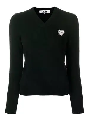 Play Comme Des Garcon V-neck Heart-logo Sweater - Black