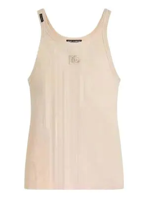 Dolce & Gabbana Ribbed Cotton Tank Top With Embroidered Logo - Neutrals