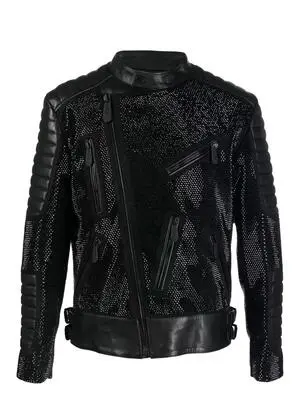 Philipp Plein Crystal Embellished Leather Biker Jacket - Black