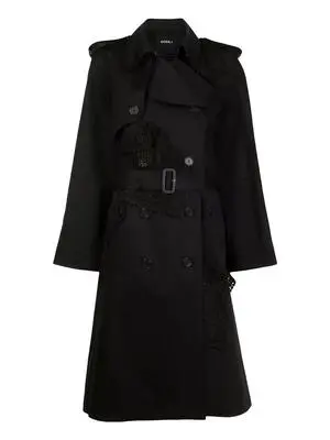Goen.j Double-breasted Lace-paneled Trench Coat - Black