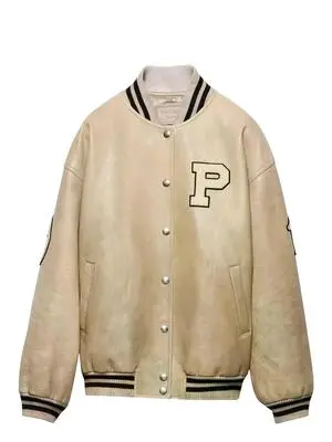 Prada Logo-Appliqué Leather Bomber Jacket Neutrals