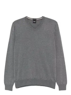 BOSS Virgin Wool Ribbed Knit V-neck Sweater - Grey