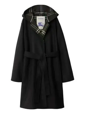 Burberry Reversible Check Pattern Hooded Wool Coat - Black