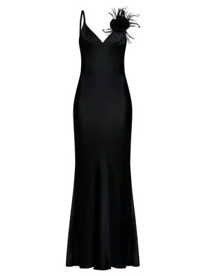 ROOM76 Rose-appliqué Satin Maxi Dress - Black