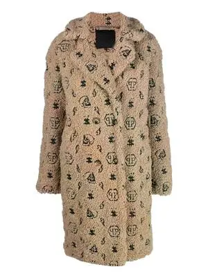 Philipp Plein Faux-fur Embroidered-monogram Coat - Neutrals