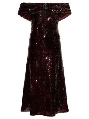 SELF-PORTRAIT Sequinned Off-shoulder Dress - Brown