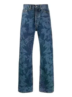 Palm Angels Palm Tree Print Denim Jeans - Blue