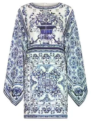 Dolce & Gabbana Majolica-print Batwing-sleeve Minidress - Blue