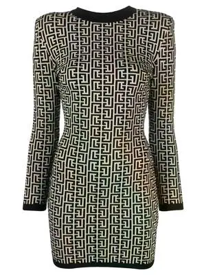 Balmain Monogram-print Wool-blend Dress - Neutrals