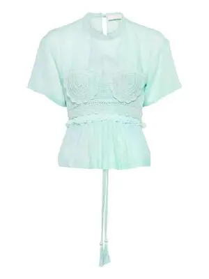 Ulla Johnson Floral Appliqué Ramie Cari Blouse - Blue