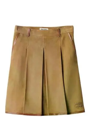 Miu Miu Pleated Suede Skirt With Leather Accents - Brown