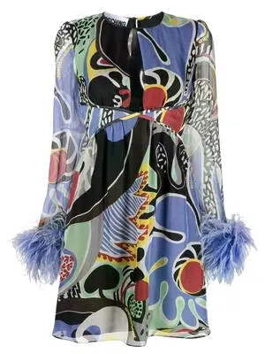 Moschino Feather-trim Psychedelic Print Dress - Black