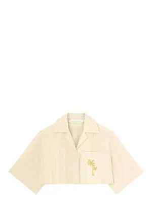 Palm Angels Embroidered Striped Cropped Cotton Shirt - Neutrals