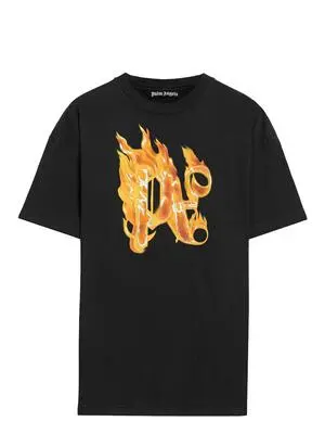 Palm Angels Burning Monogram Logoprint Cottonjersey Tshirt - Black