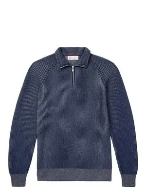Brunello Cucinelli Striped Ribbed Cashmere Half-zip Sweater - Blue