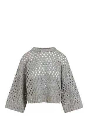 Brunello Cucinelli Open-knit Short-sleeve Sweater - Grey