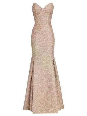 OLYMPIAH Strapless Jacquard Trumpet Dress - Gold