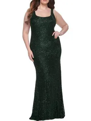 La Femme Beaded Lace Fitted Dress With Square Neckline - Emerald