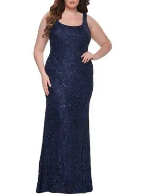 LABOMME Beaded Lace Fitted Dress With Square Neckline - Navy