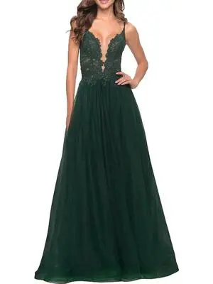 La Femme Tulle A-line Gown With Lace Bodice - Dark Emerald