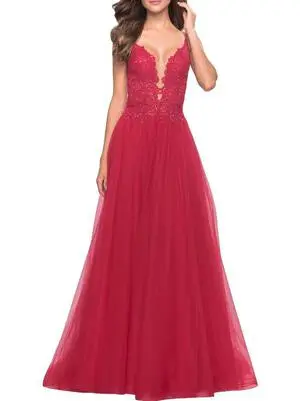 La Femme Tulle A-line Gown With Lace Bodice - Red
