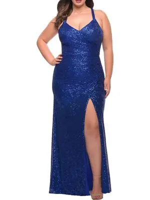 LABOMME Sequin Gown With V-neck And Slit - Royal Blue