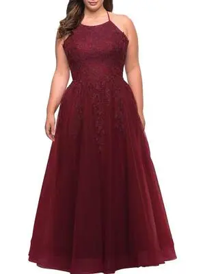 La Femme Tulle Gown With Lace Bodice - Wine