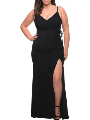 LABOMME Net Jersey Gown With Tie Side - Black