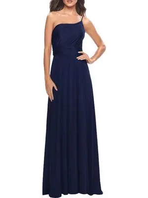 La Femme One-shoulder Jersey Gown - Navy
