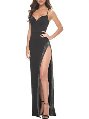 LABOMME Rhinestone-embellished Prom Gown With High Slit - Black
