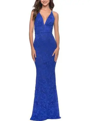 LABOMME Fitted Stretch Lace Prom Dress - Royal Blue