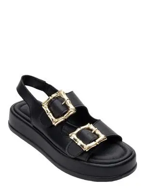 PROLOGUE SHOES Slope Double Strap Sandals Black Faux Leather