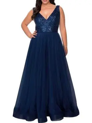 La Femme A-line Gown With Sequin Bodice And Tulle Skirt - Navy