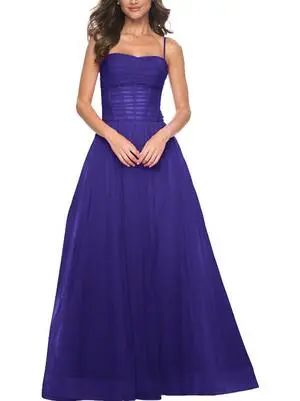 LABOMME A-line Tulle Ballgown With Slit And Illusion Waist - Indigo
