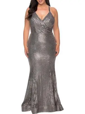 La Femme Sequin Gown With Criss-cross Back - Silver