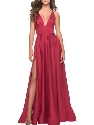LABOMME A-line Satin Gown With Deep V And Slit - Red