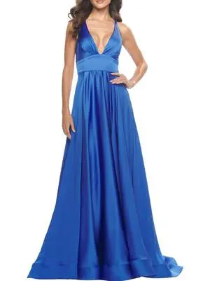 LABOMME A-line Satin Gown With Deep V And Slit - Royal Blue