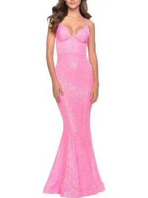 LABOMME Fitted Sequin Gown With Open Back - Neon Pink